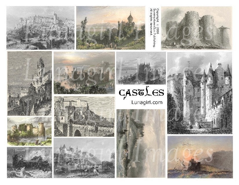 CASTLES digital collage sheet antique art vintage postcards | Etsy