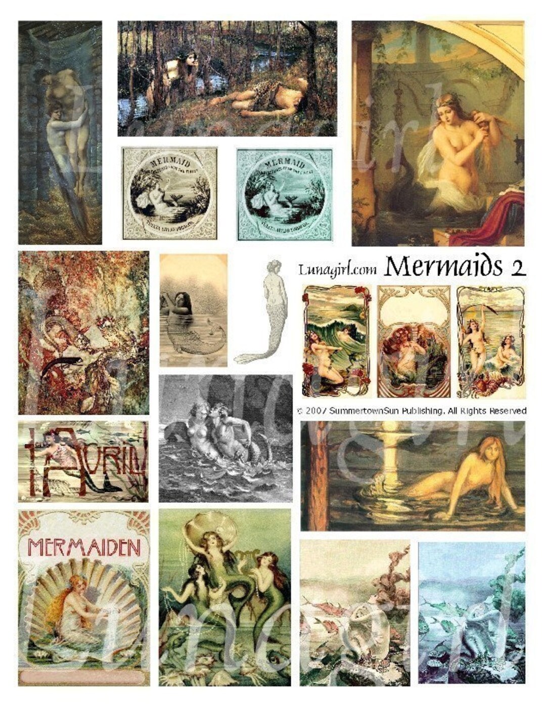 VINTAGE MERMAIDS Digital Collage Sheet, Victorian Paintings Post Cards ...
