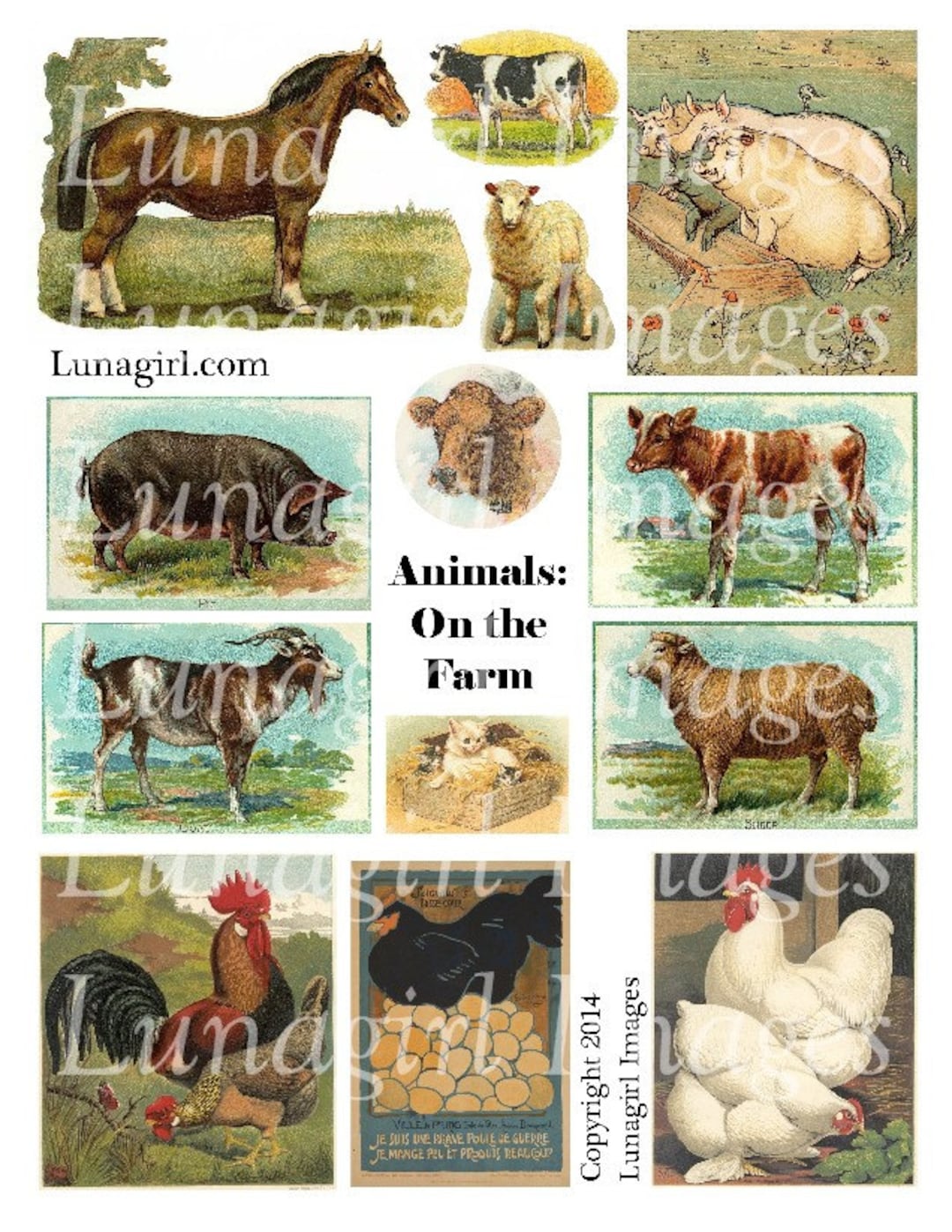 Vintage FARM ANIMALS Digital Collage Sheet Victorian Images Cows Pigs ...