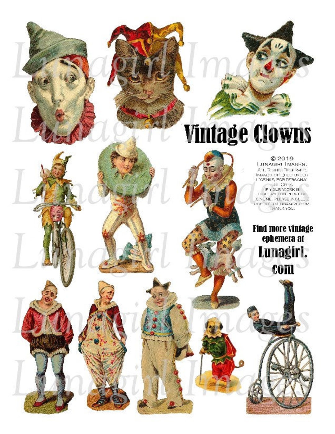 VINTAGE CLOWNS, Digital Collage Sheet, Victorian Circus, Vintage Circus ...