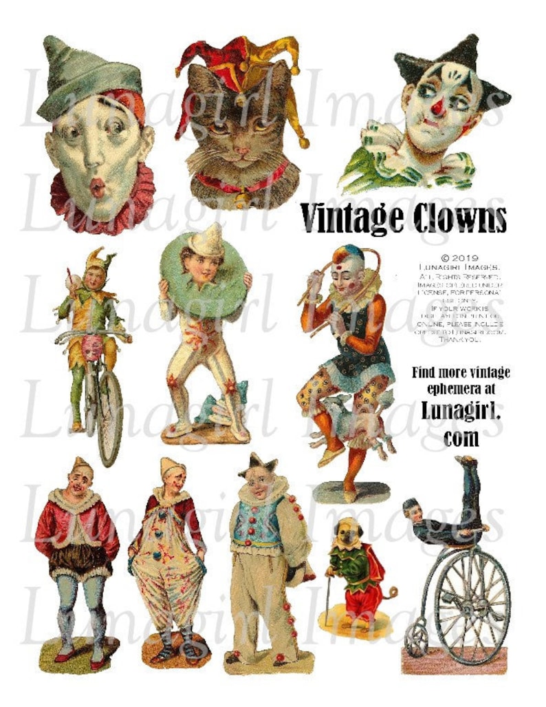 VINTAGE CLOWNS, Digital Collage Sheet, Victorian Circus, Vintage Circus ...
