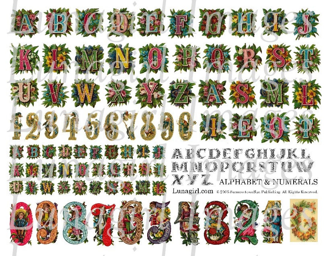 Victorian ALPHABET NUMBERS Digital Collage Sheet Vintage Floral Letters ...