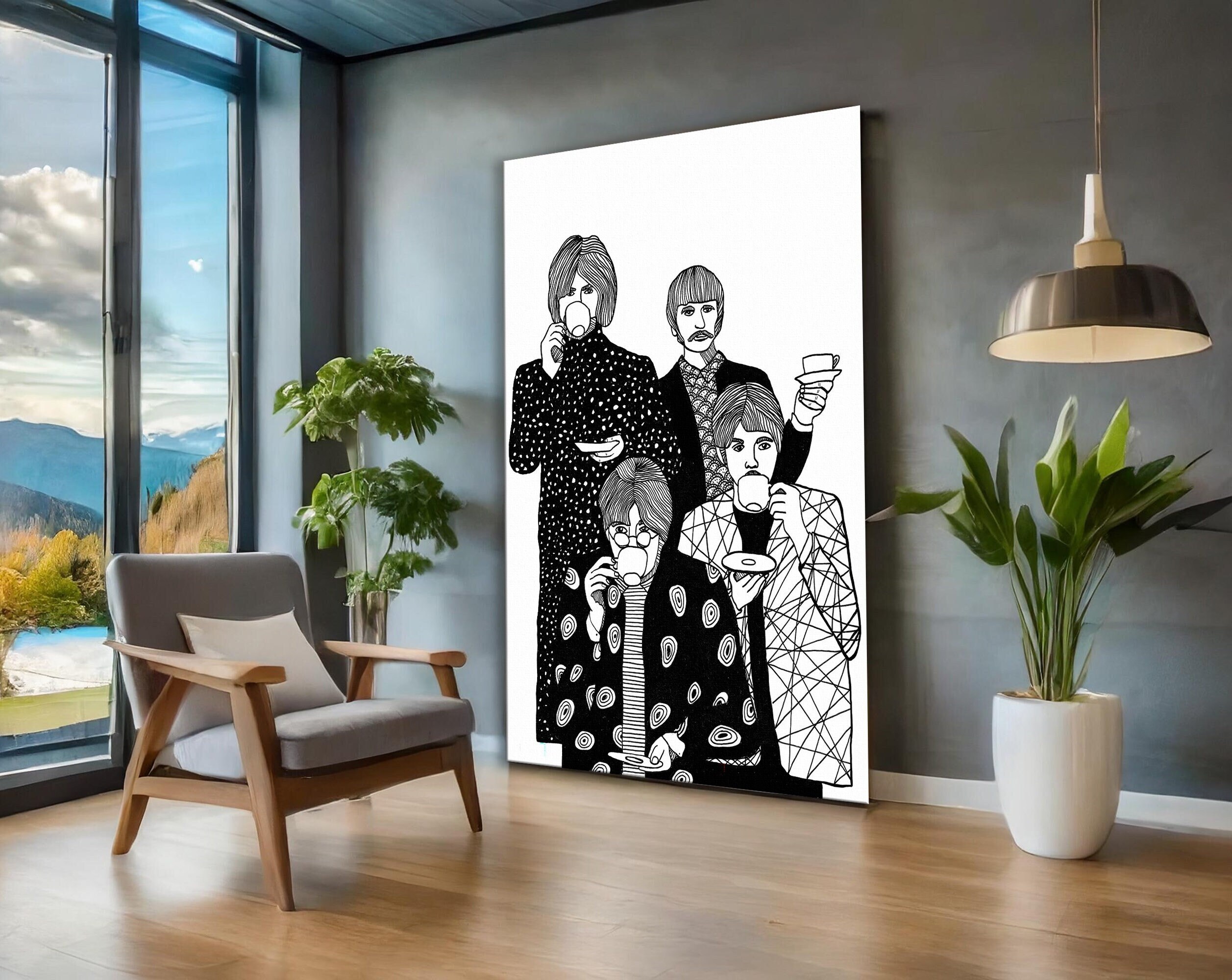 Beatles Line Drawing Canvas Print , the Beatles Drinking Tea, Black ...