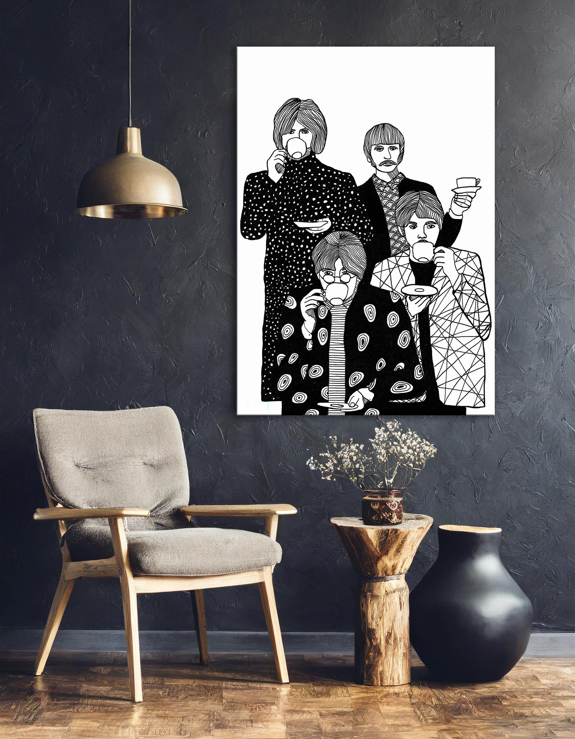Beatles Line Drawing Canvas Print , the Beatles Drinking Tea, Black ...
