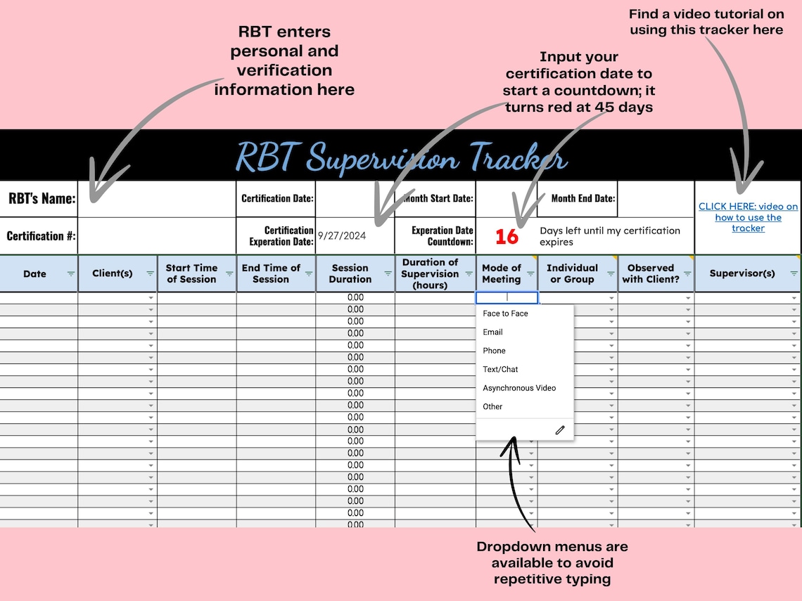 Google Sheet: RBT Supervision Tracker - Etsy