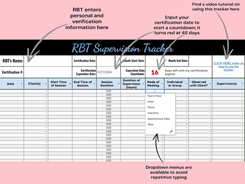 Google Sheet: RBT Supervision Tracker - Etsy