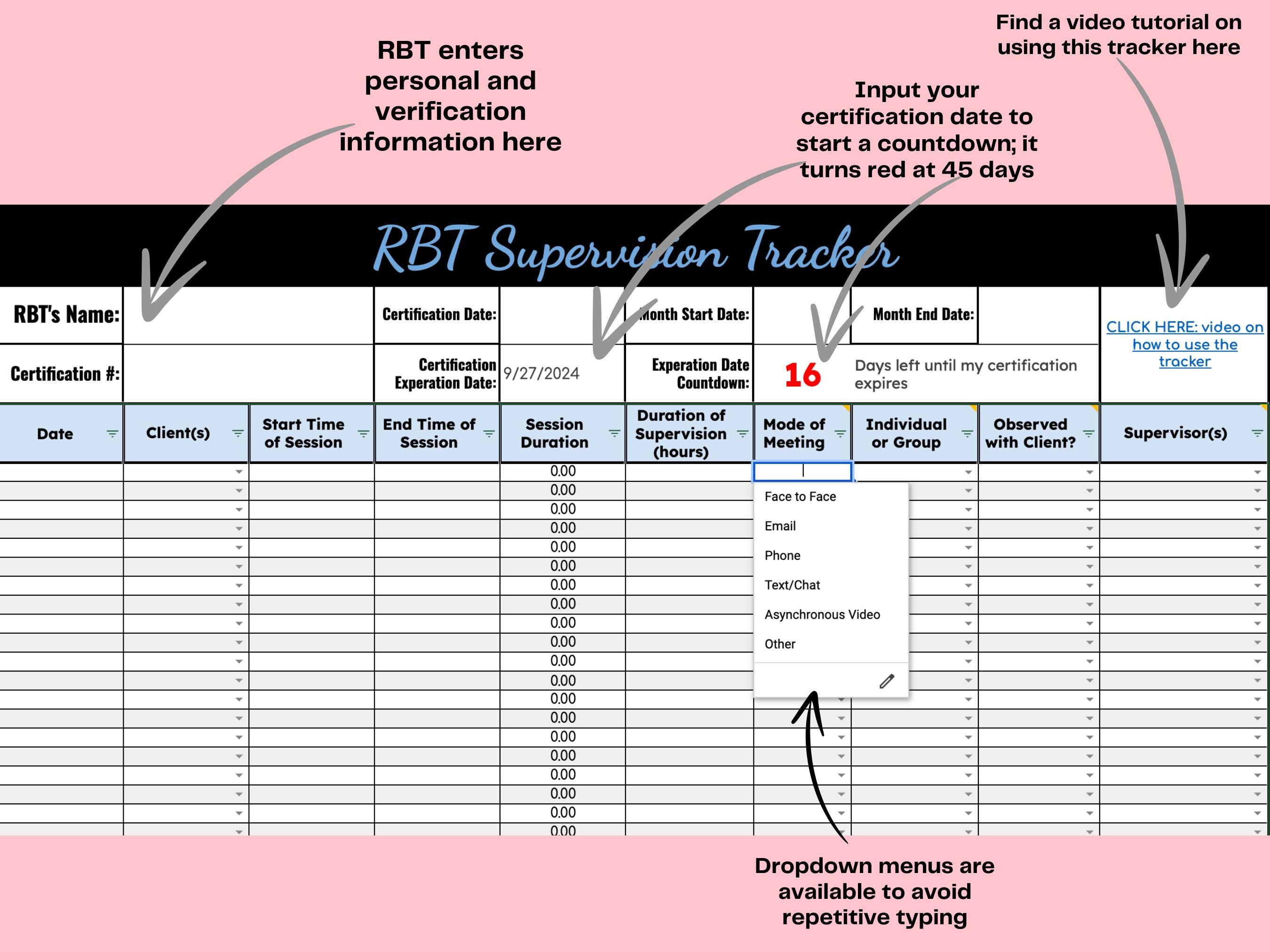 Google Sheet: RBT Supervision Tracker - Etsy