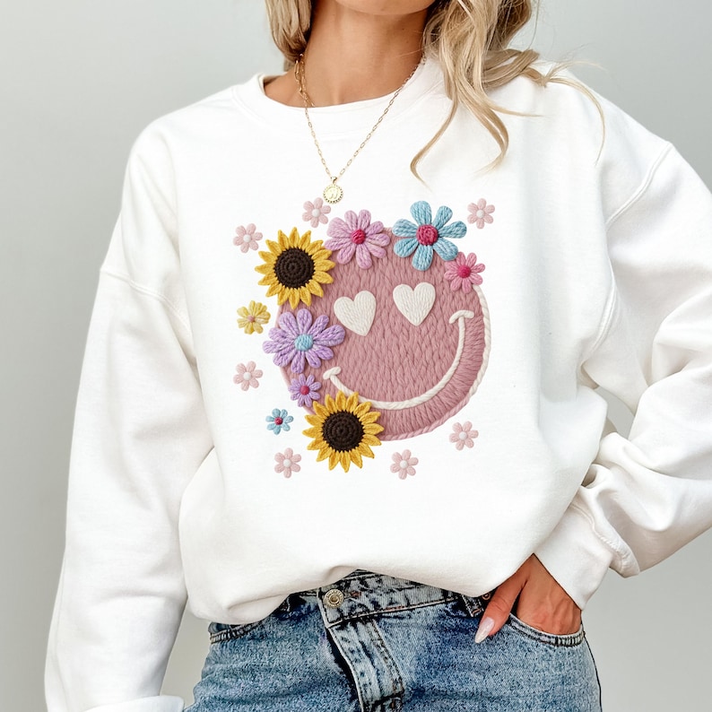 Floral Smiley Face Sweatshirt, Cute Happy Face Crewneck, Aesthetic ...
