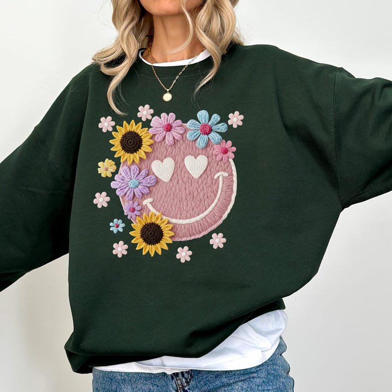 Floral Smiley Face Sweatshirt, Cute Happy Face Crewneck, Aesthetic ...