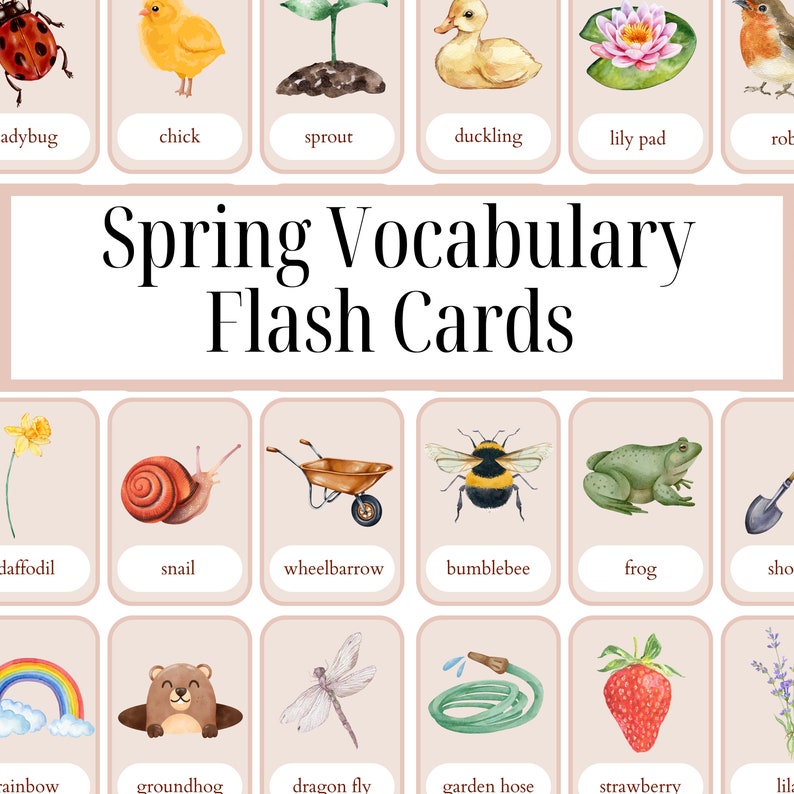 40 Spring Vocabulary Flash Cards - Watercolor, Digital Printable ...