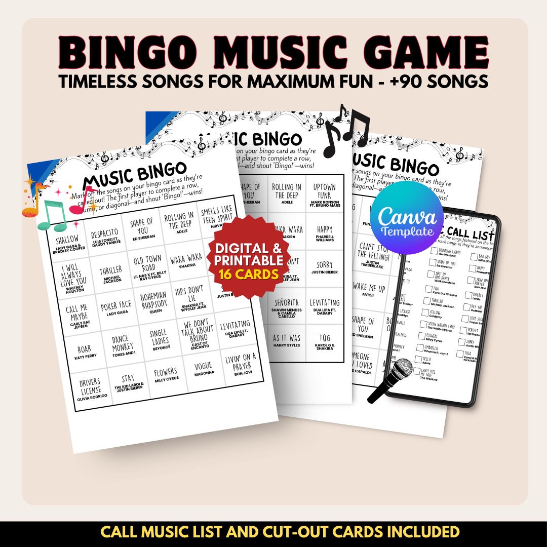 Bingo Music Hits Pop 90 80s Songs Printable Cards, Team Building ...