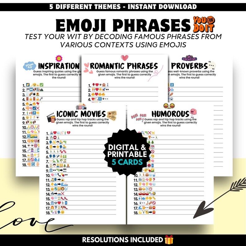 Emoji Phrases Pictionary Games Bundle, Printable Emoji Bridal Shower ...