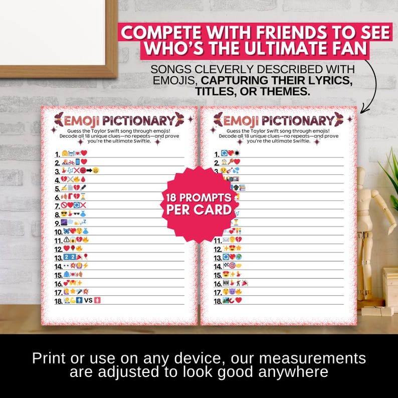 Juego imprimible de adivinanzas de la canción "Swiftie Emoji Pictionary ...