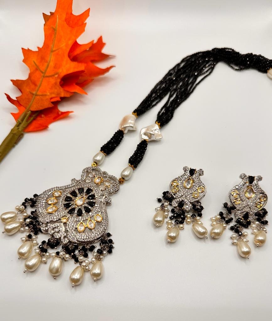 Kundan Long Mala Set Desi Jewelry Set Indian Festive Jewelry Black ...