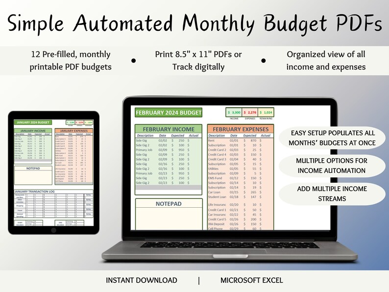 Simple Customizable Pre-filled Monthly Annual Budget PDF Printout Excel ...