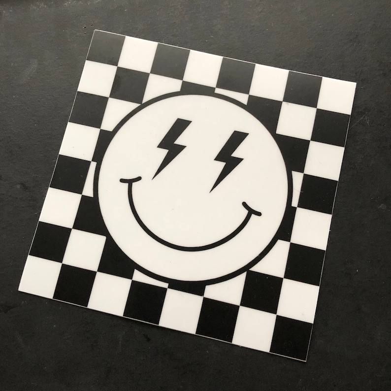 Checkered Smiley Face Lightning Bolt Decal - 4"x4" - Etsy