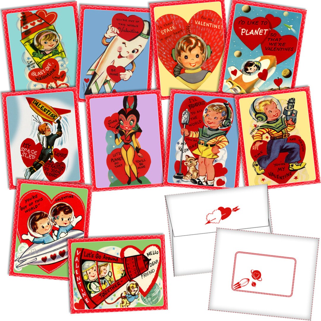 DIGITAL Vintage Retro 1950s Space Age Astronaut Valentine Cards File ...