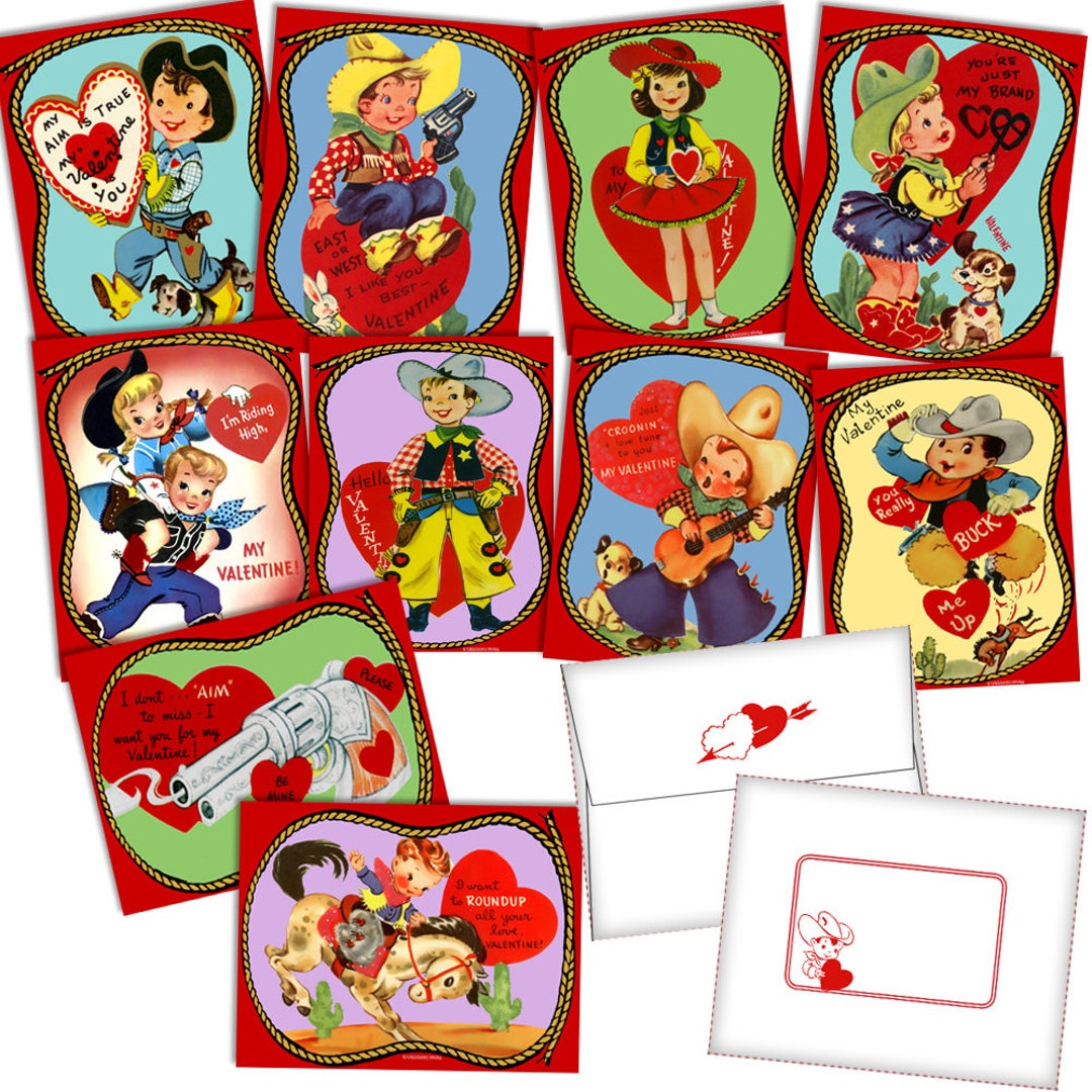 DIGITAL Vintage Retro 1950s Western Cowboy Cowgirl Valentine Cards File ...