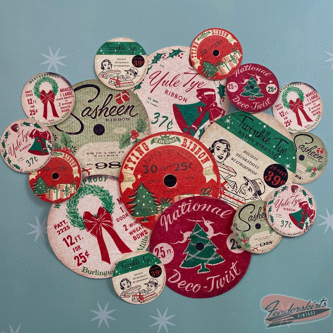 DIGITAL Vintage 50s-60s Assortment Vintage Christmas Ribbon Tops Tags ...