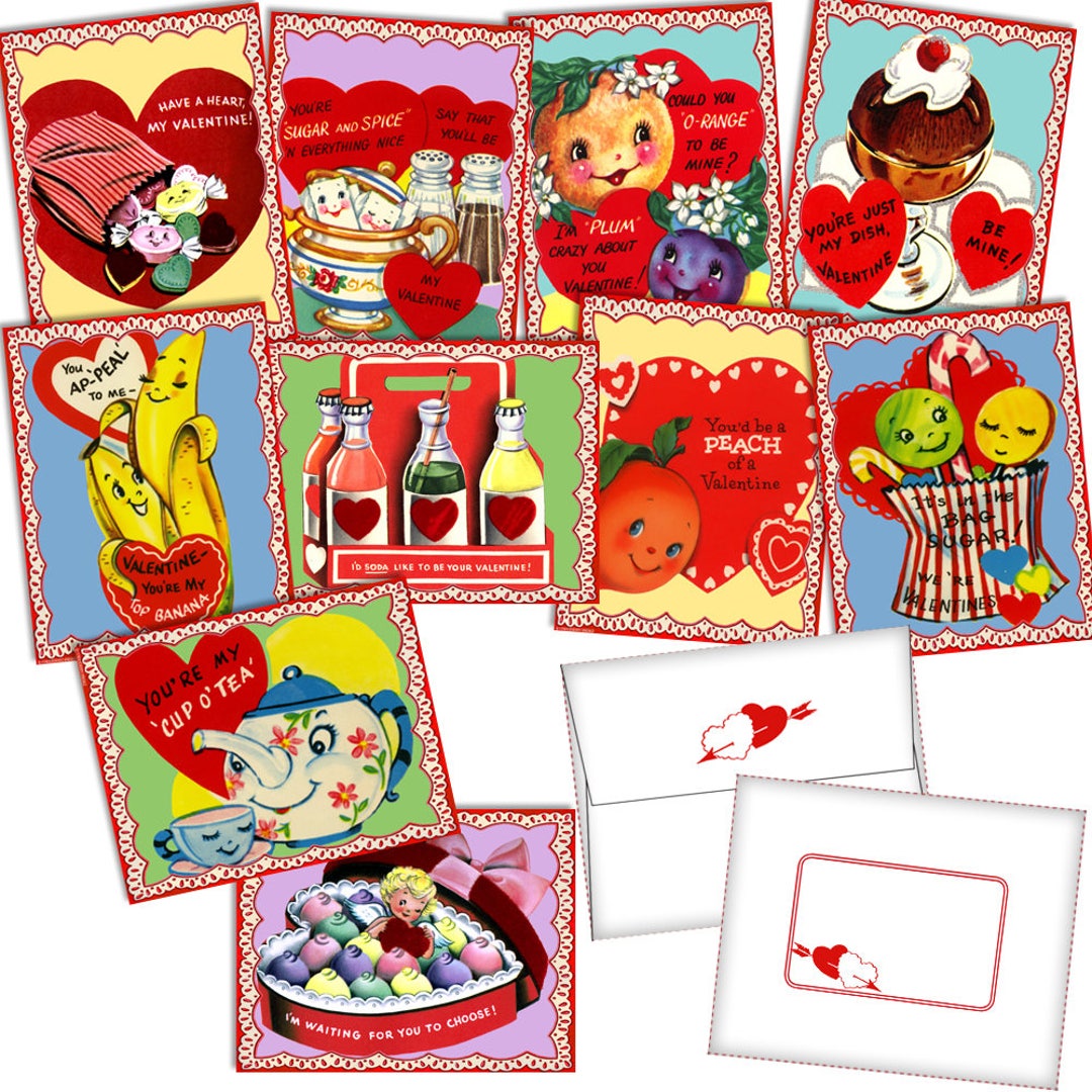 DIGITAL Vintage Retro 1950s Anthropomorphic Food Candy Fruit Valentine ...