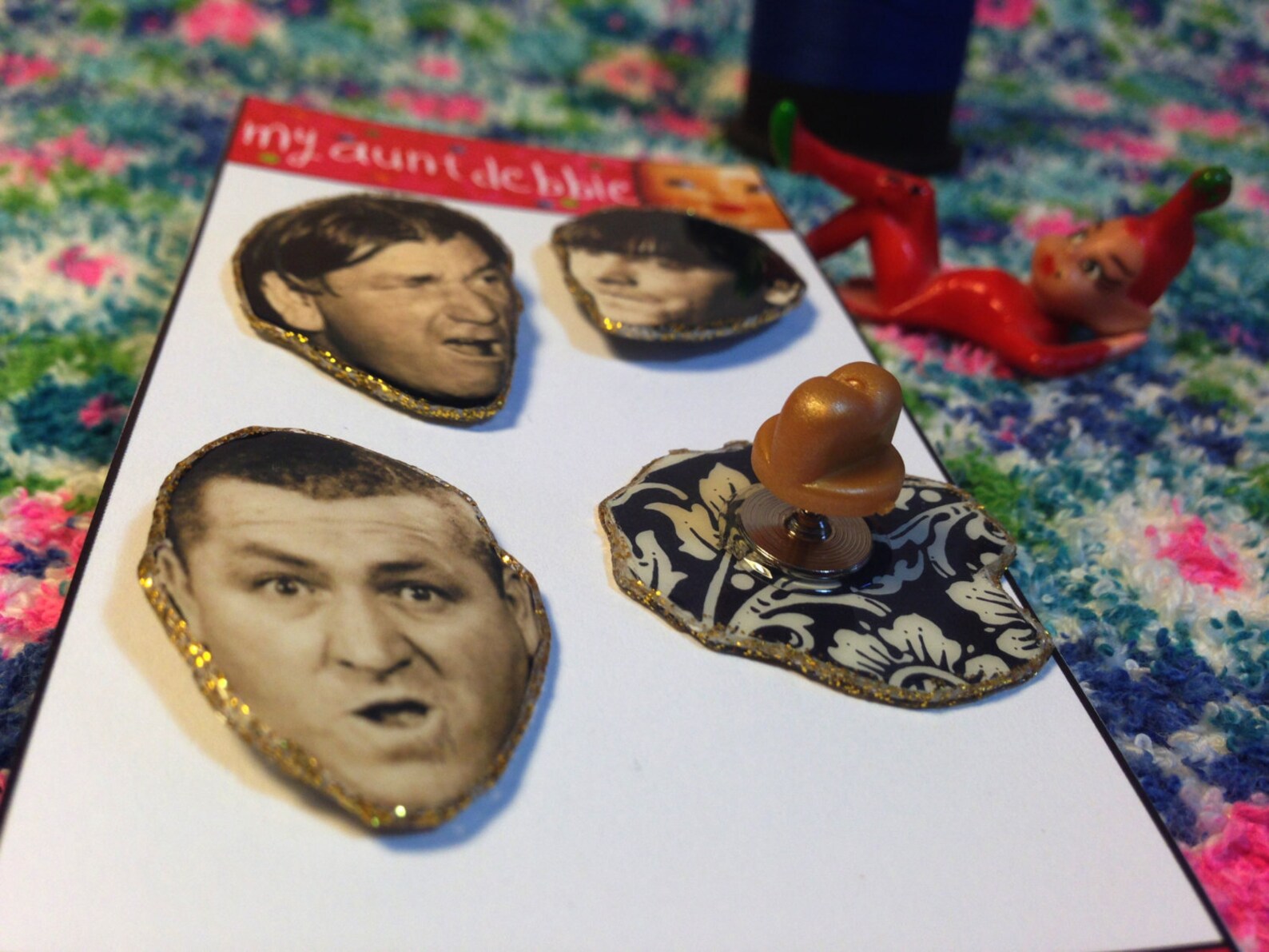 Three Stooges Lapel Pins Tie Tacs Moe Larry Curly Shemp Slap Stick ...