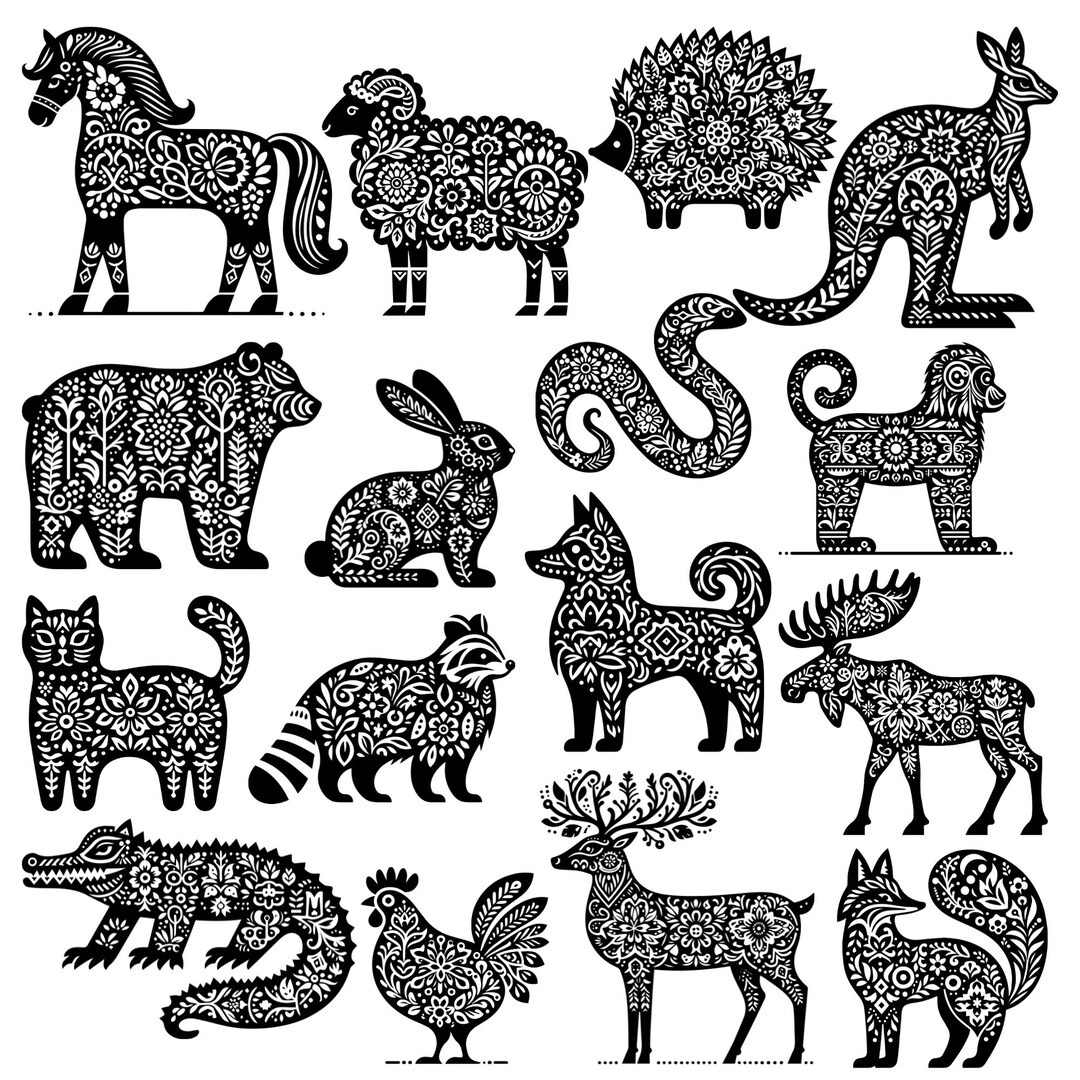 Scandinavian Nordic Folk Art Animal SVG Bundle | Dala Style Floral ...