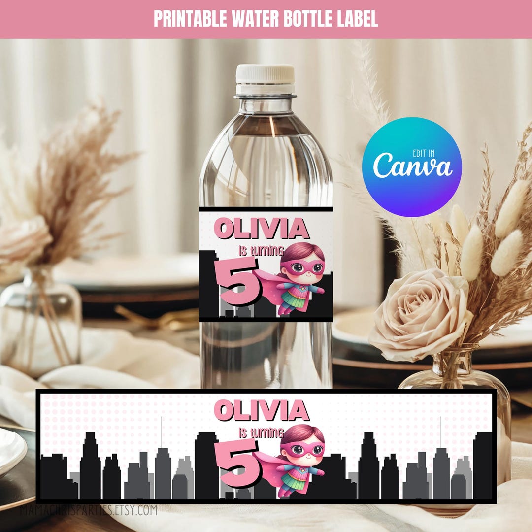 Superhero Pink Water Bottle Label, Superhero Girls Party Bottle Wrap ...