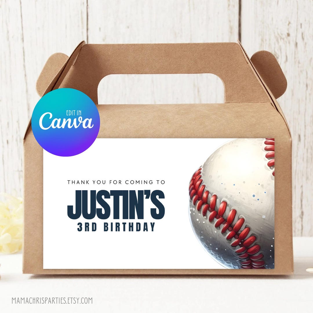 Baseball Gable Box Label Editable, Sports Favour Box Sticker Template ...