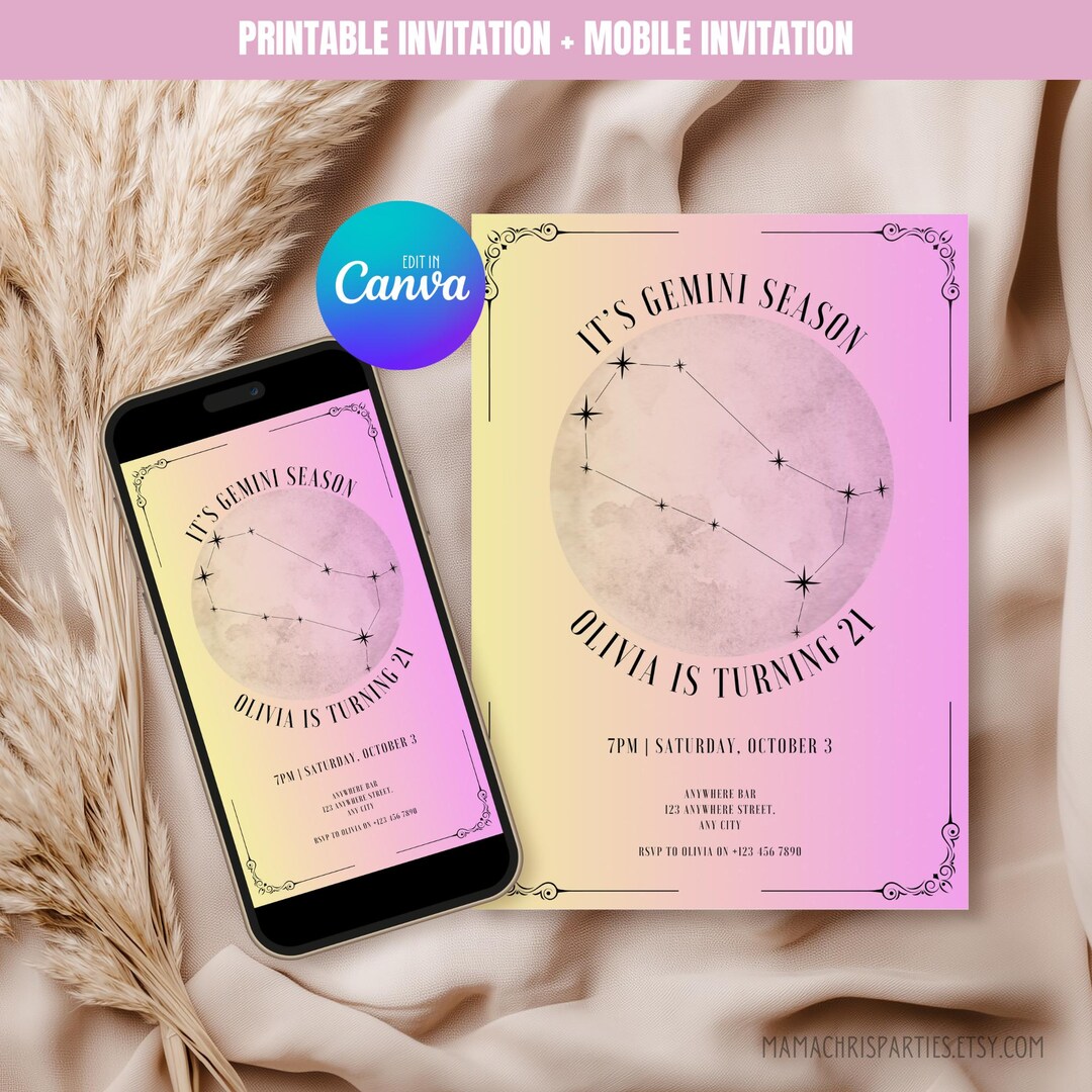 Gemini Party Invitation, Zodiac Printable and Mobile Invitation ...