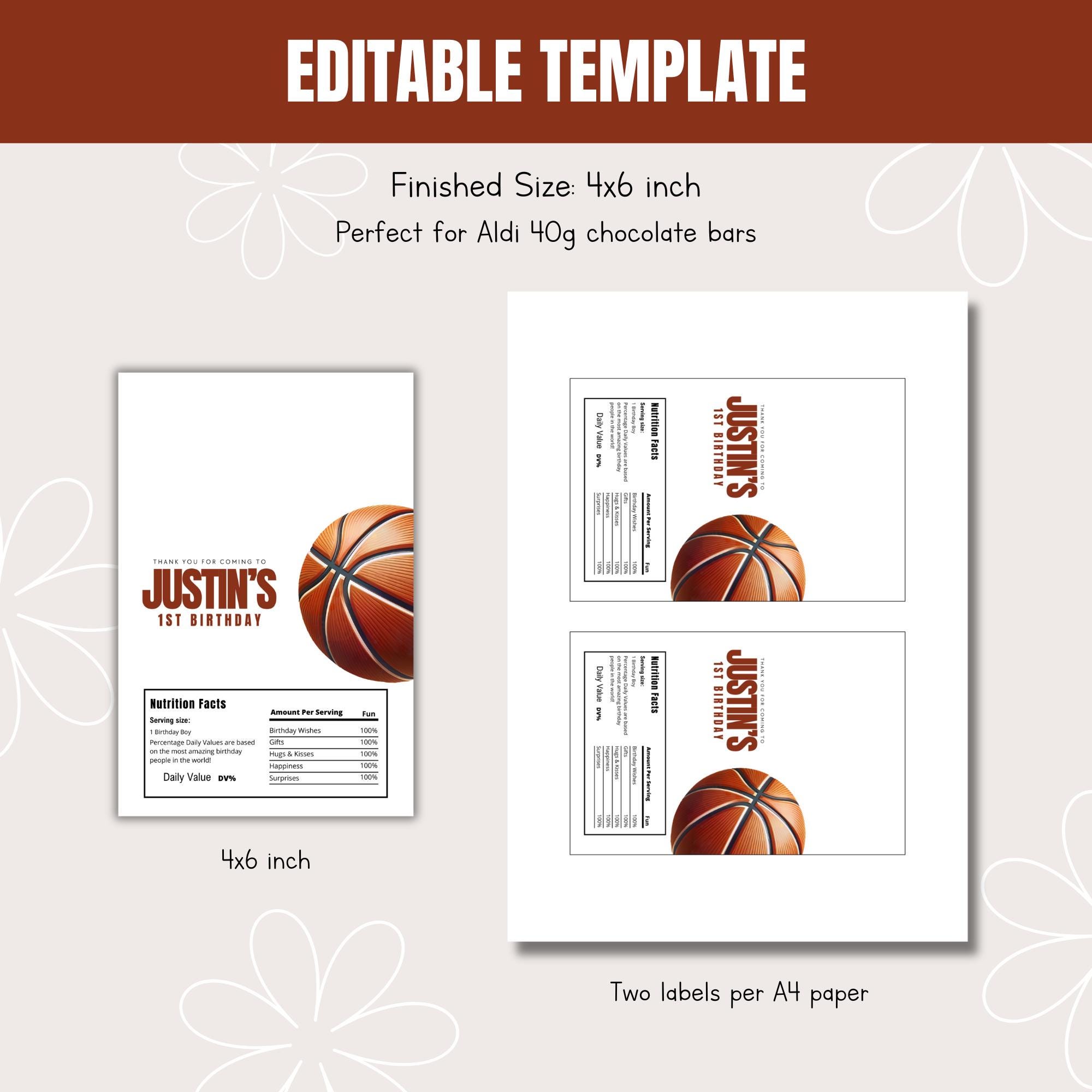 Basketball Chocolate Bar Wrapper, Editable Party Favour, Personalised ...