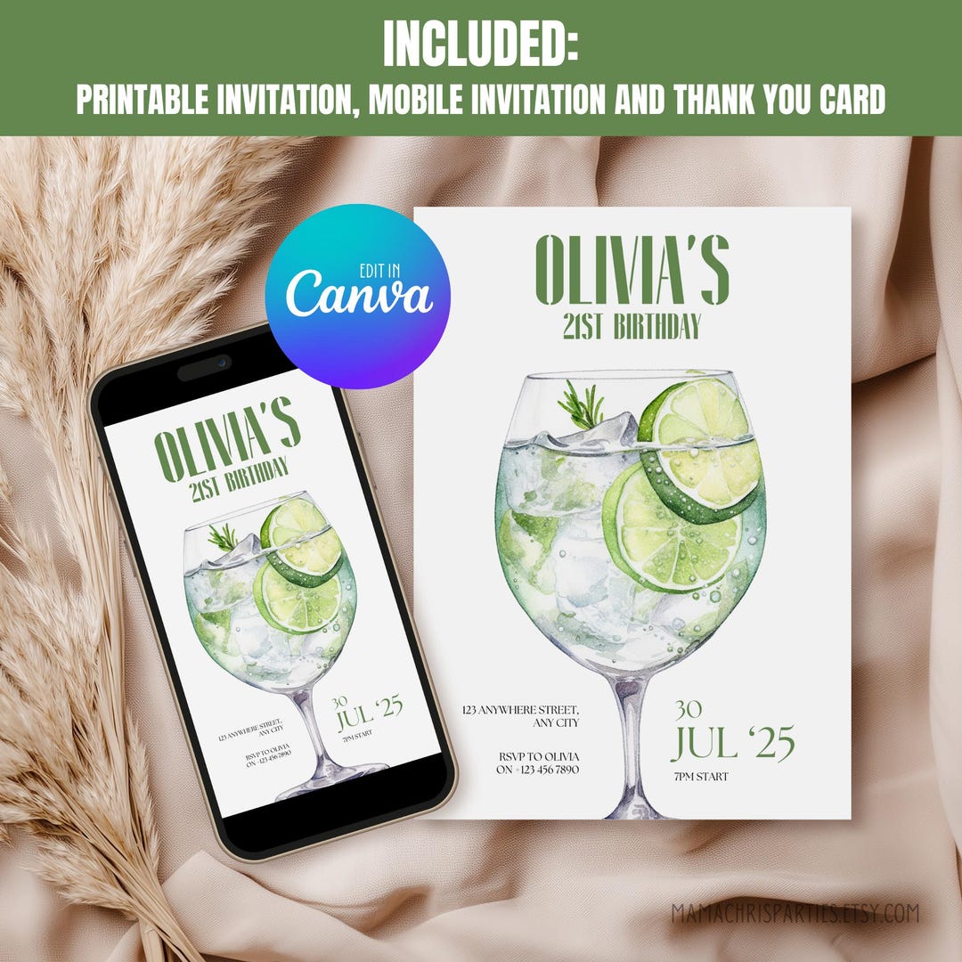 Gin and Tonic Digital Invitation, Cocktail Party Invite, Editable Canva ...