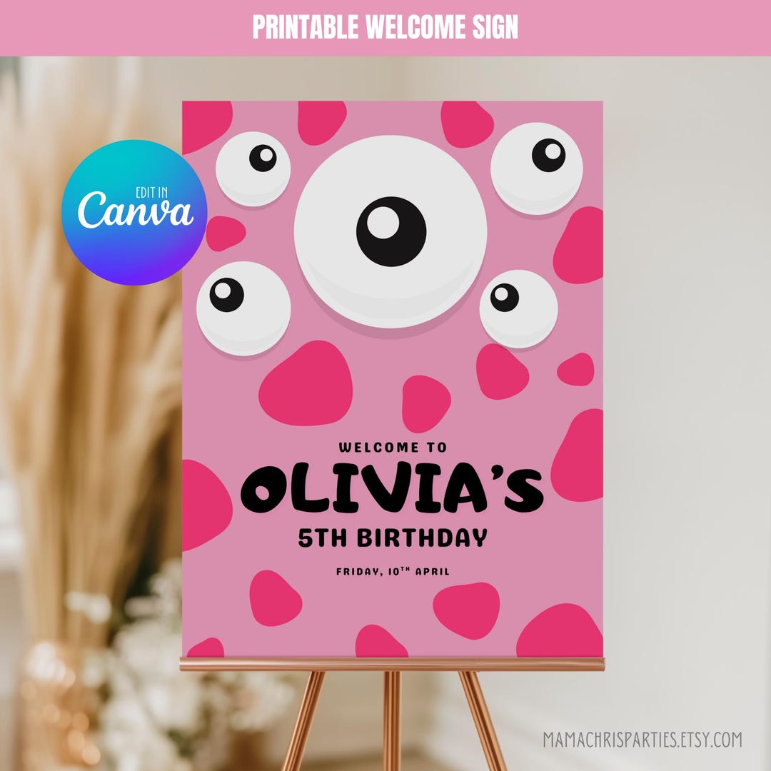 Monsters Pink Welcome Sign Template, Monsters Girls Birthday Party ...