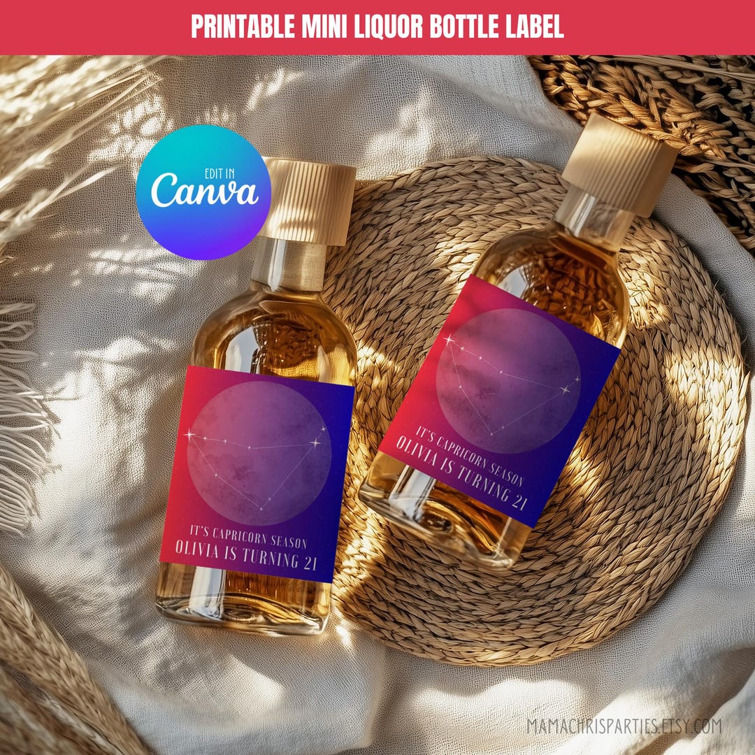 Capricorn Mini Liquor Bottle Labels, Zodiac Drink Tags, Editable Canva ...