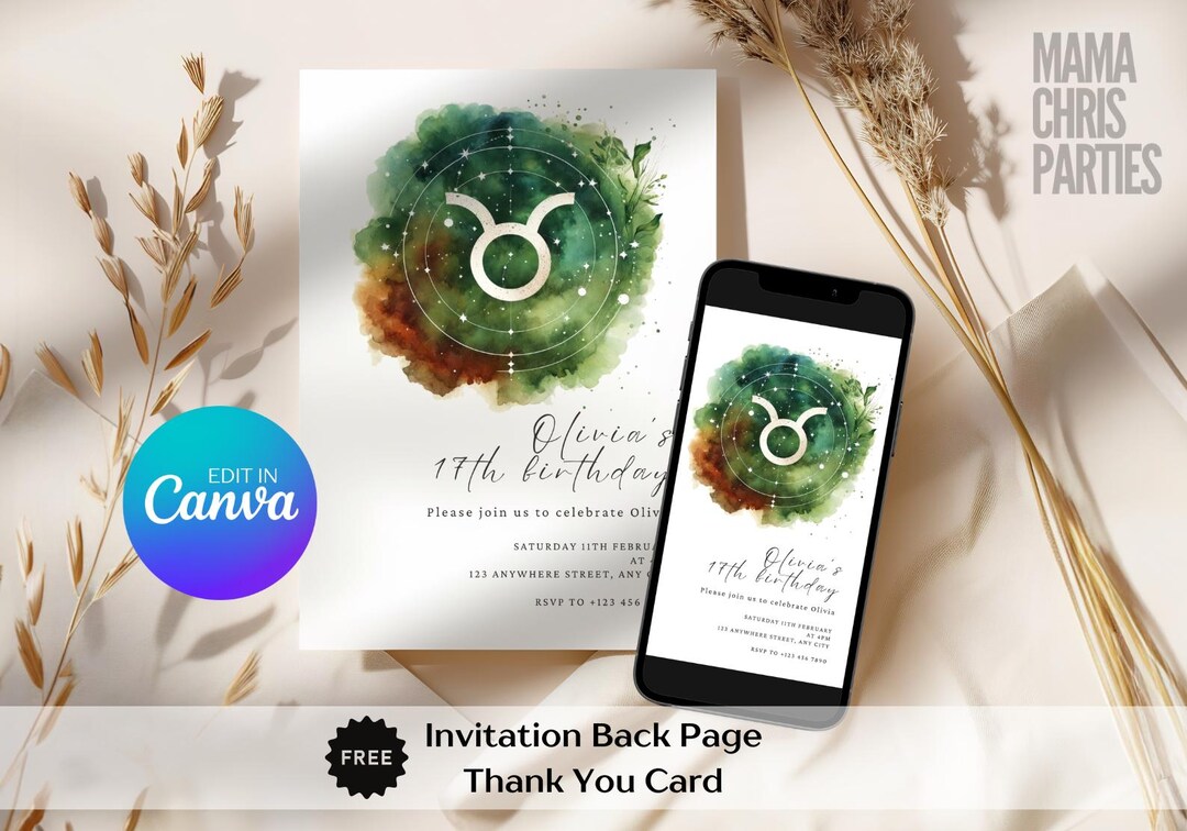 Taurus Birthday Invitation, Printable Birthday Invitation, Editable ...