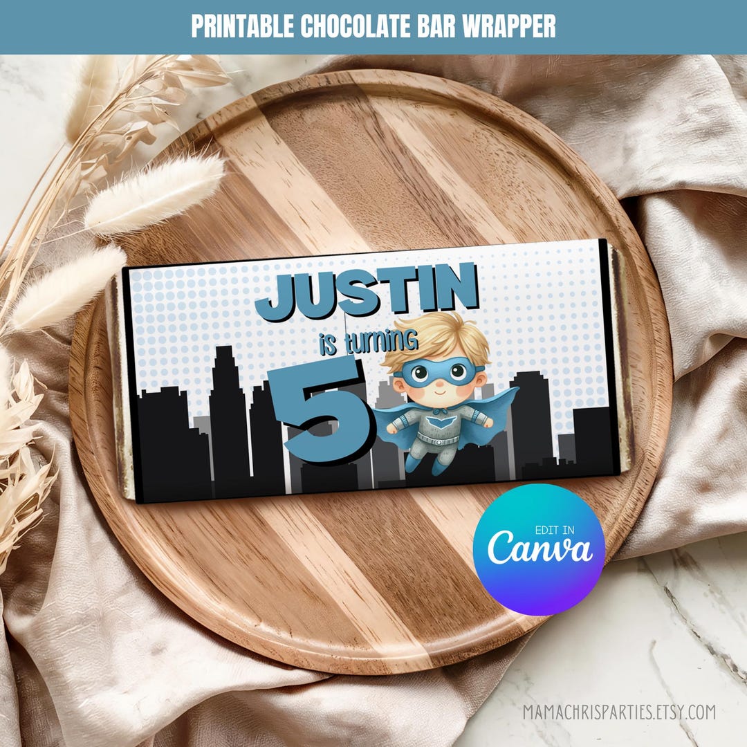 Superhero Chocolate Bar Wrapper Template: Blue Birthday Party Decor ...
