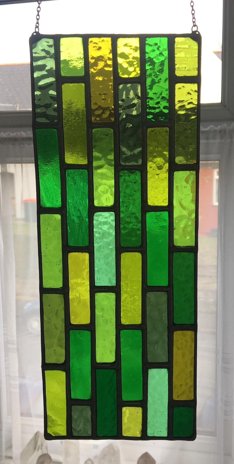 Green Cascade! 28cm X 10cm Stained Glass Suncatcher Bamboo Style Window ...