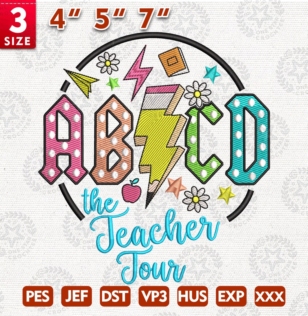 Teacher Tour Embroidery Design, Retro ABCD Teacher Design, Back to ...