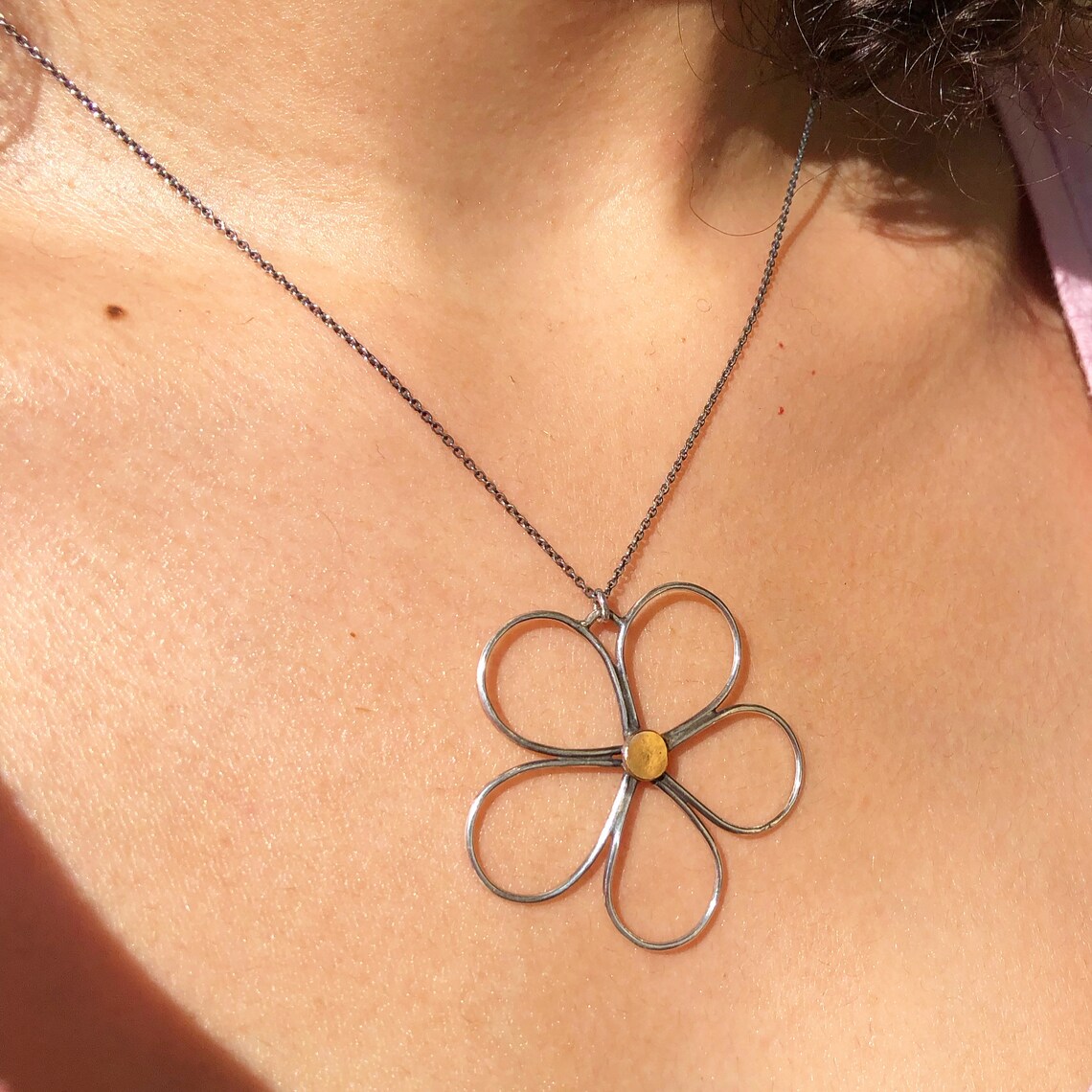Large Sterling Silver Flower Necklace Solid 14k Gold Center - Etsy