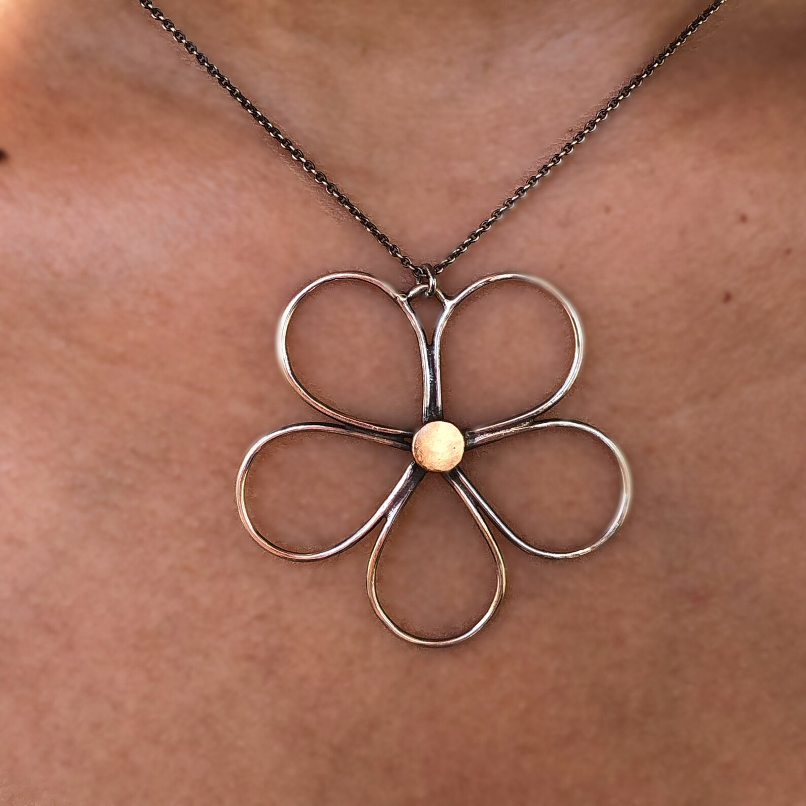 Large Sterling Silver Flower Necklace Solid 14k Gold Center - Etsy
