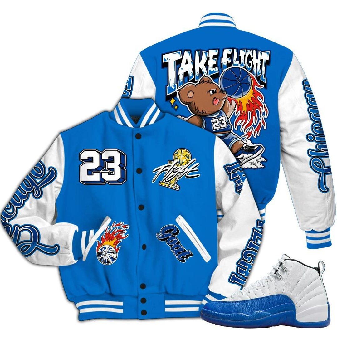 Blueberry 12s Varsity Jacket Number 23 Basketball Bear All Over Print ...