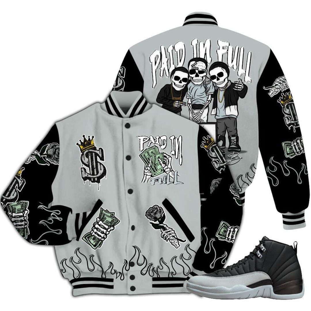 Black Wolf Grey 12s Varsity Jacket, Fire Everybody Paid in Varsity ...
