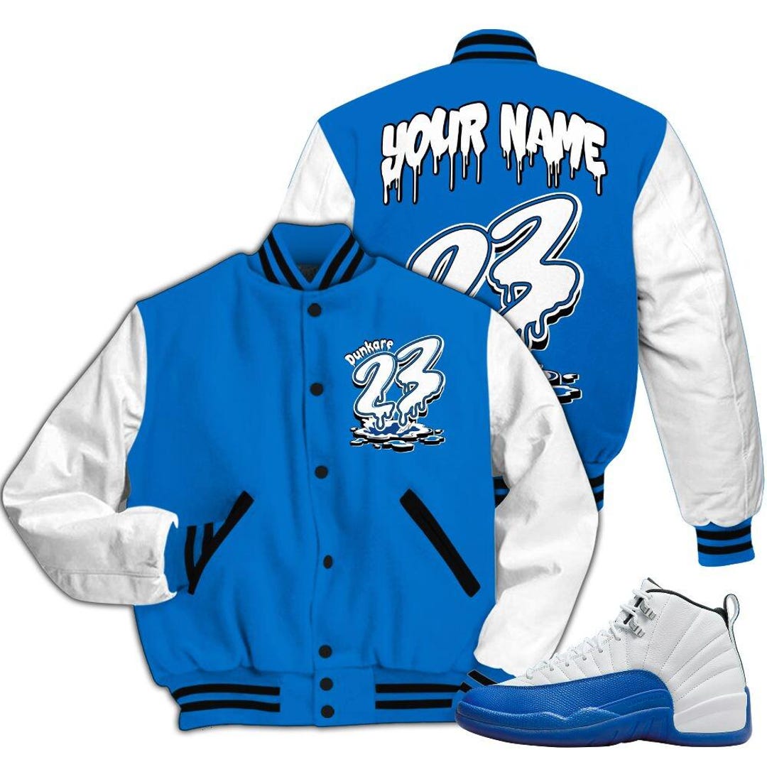 Blueberry 12s Varsity Jacket, Custom 23 Drip All Over Print Letterman ...