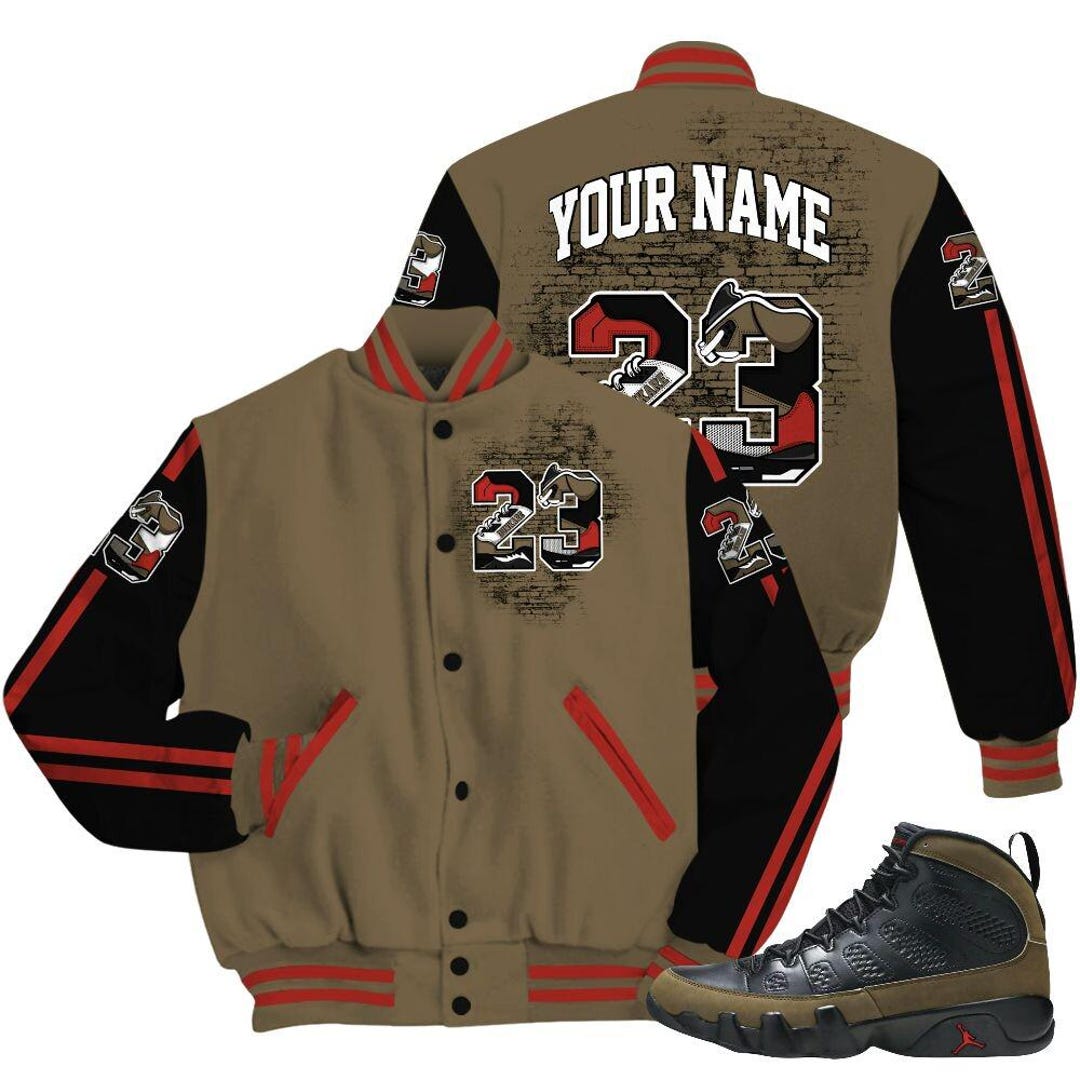 Olive 9s Varsity Jacket, Custom Number 23 5s All Over Print Letterman ...