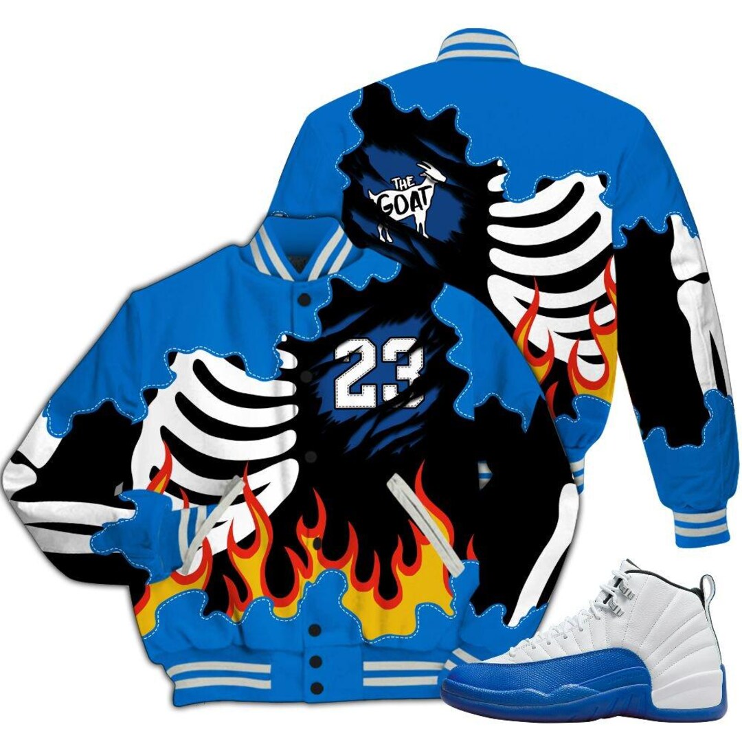 Blueberry 12s Varsity Jacket, Burning Skeleton 23 G.O.A.T All Over ...