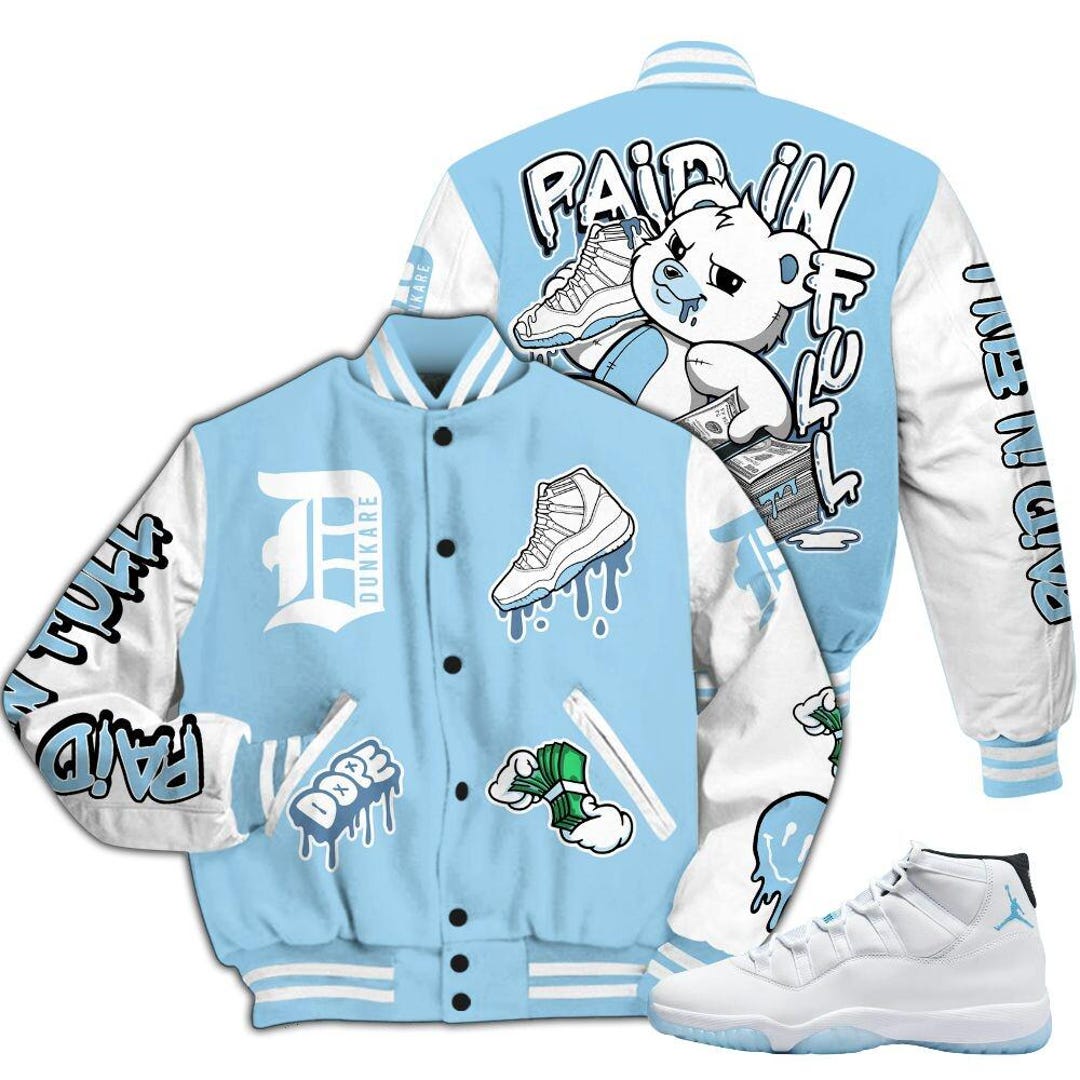 Legend Blue 11s Varsity Jacket - Drip Paid in Full Moneys Bear Graphics ...