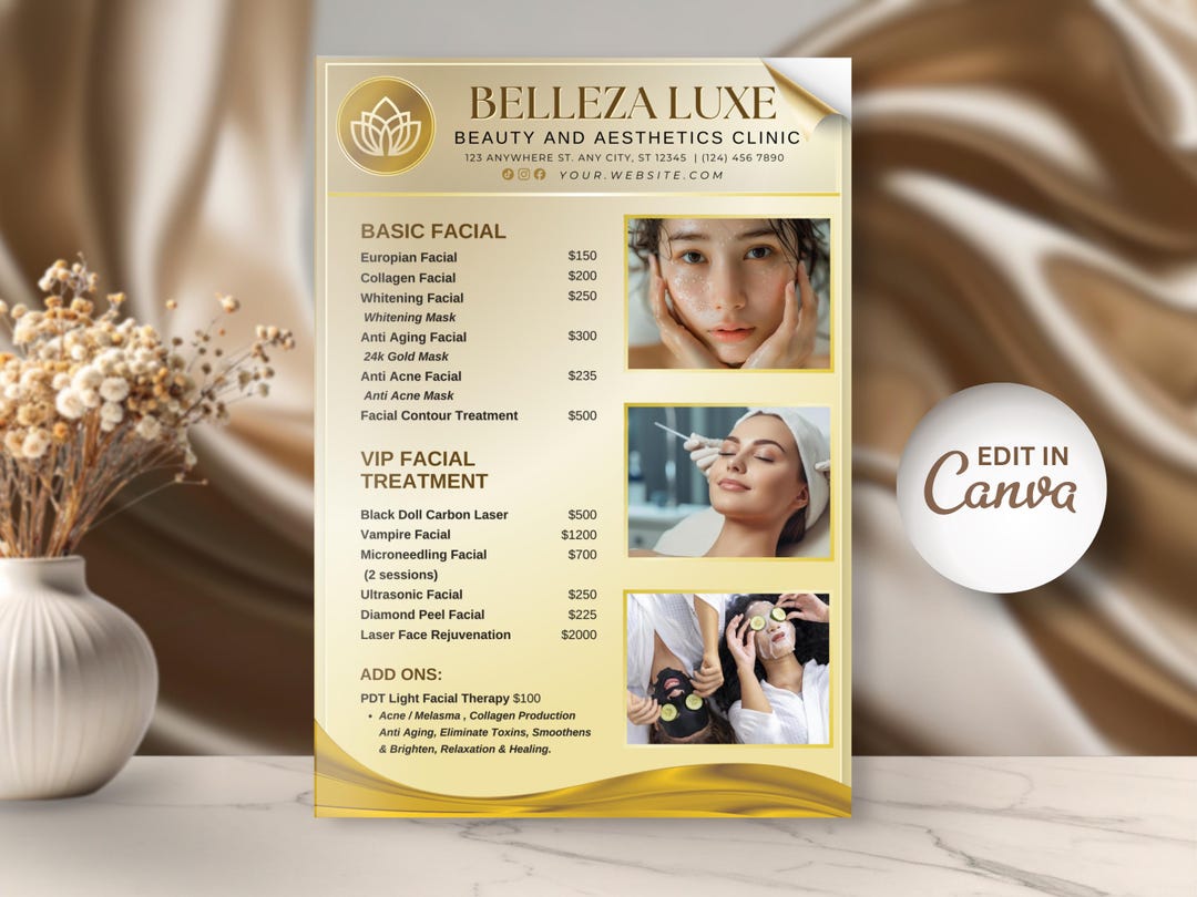 Luxury Spa Menu Canva Template | Facial Treatment Price List | Beauty ...