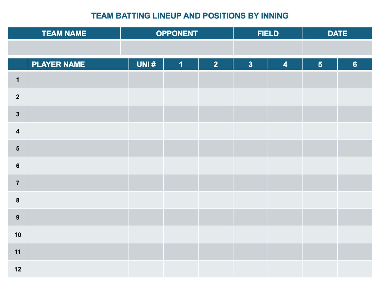 Baseball Hitting Lineup and Positions by Inning Template for Little ...