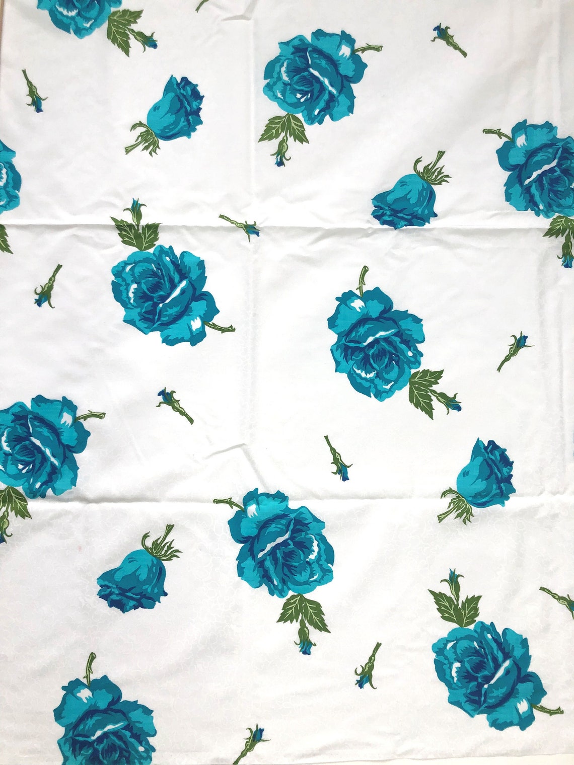 Vintage Aqua Blue Roses on White Fabric Large Floral Sold by - Etsy