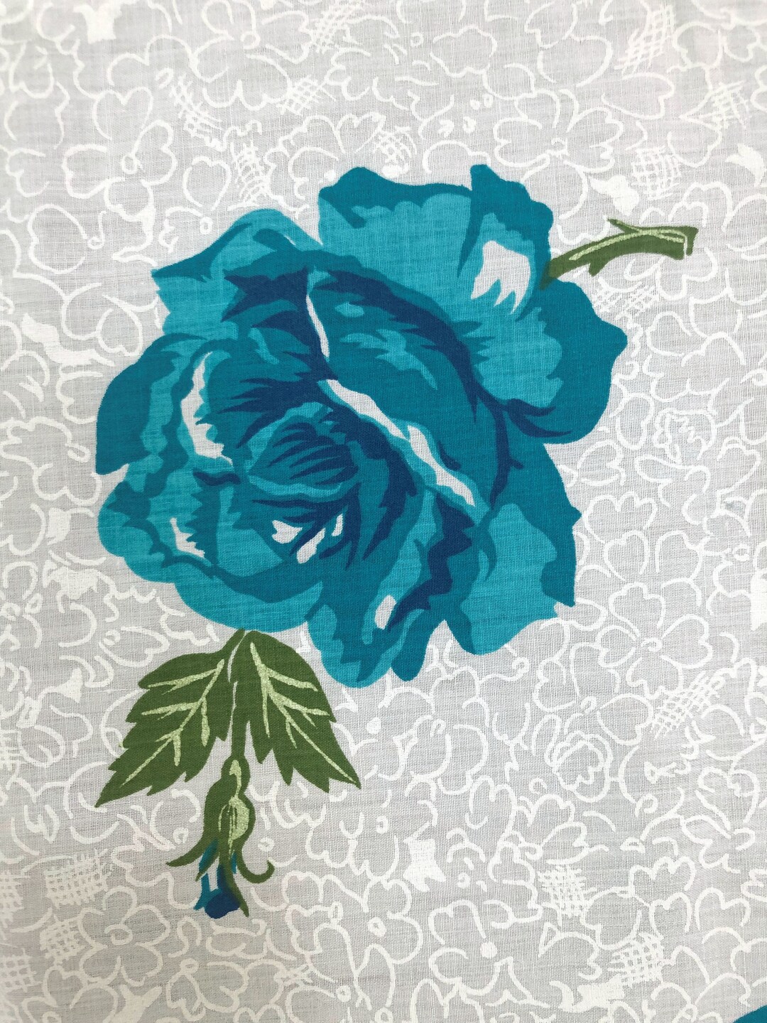 Vintage Aqua Blue Roses on White Fabric Large Floral Sold by the Half ...