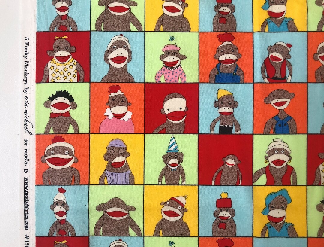 Sock Monkey Fabric by Moda Erin Michael 5 Funky Monkeys #15070 Sold by ...